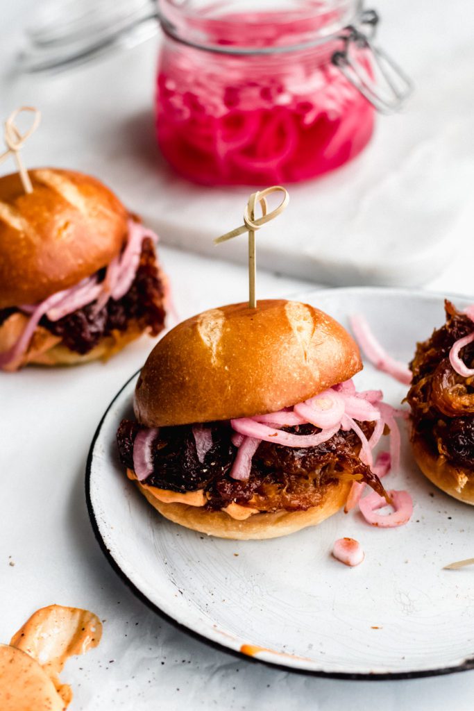 Smoky Squash Sliders with Pickled Onions & Sriracha Mayo